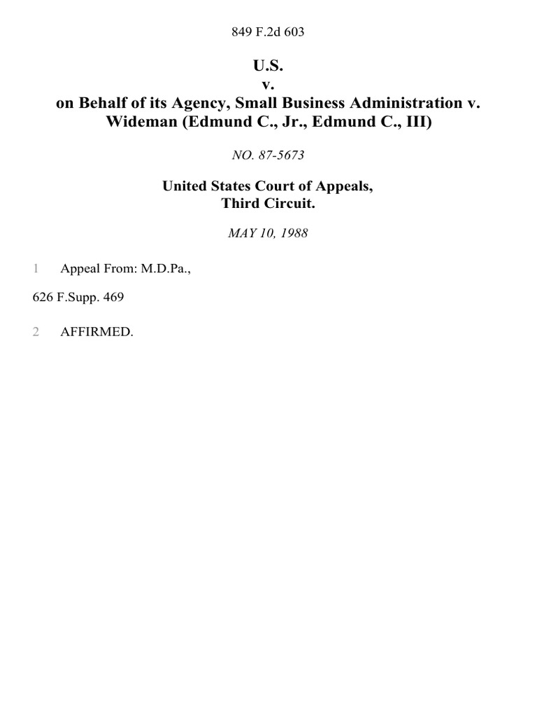 United States v. On Behalf of Its Agency, Small Business Administration ...