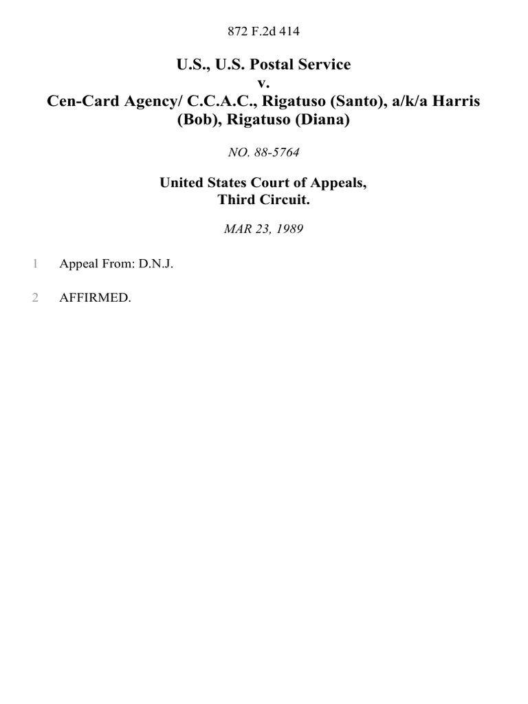 U.S., U.S. Postal Service v. Cen-Card Agency/ C.C.A.C., Rigatuso (Santo ...