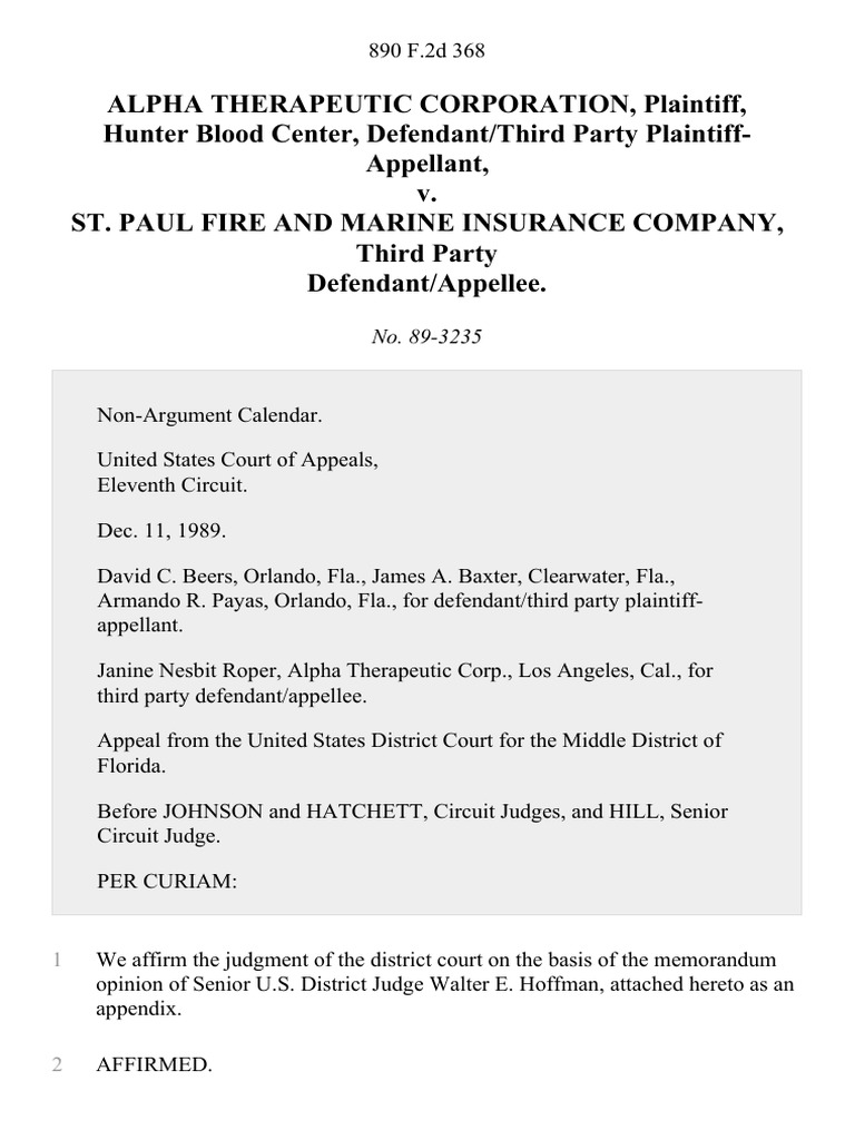 Alpha Therapeutic Corporation, Hunter Blood Center, Defendant/third ...
