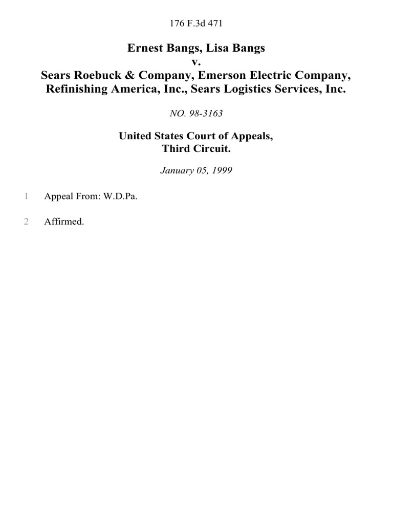 Ernest Bangs, Lisa Bangs v. Sears Roebuck & Company, Emerson Electric ...