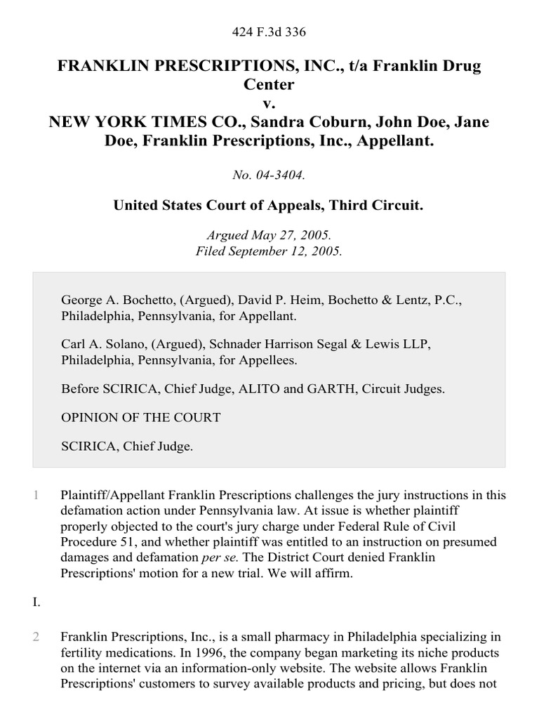 Franklin Prescriptions, Inc., T/a Franklin Drug Center v. New York ...