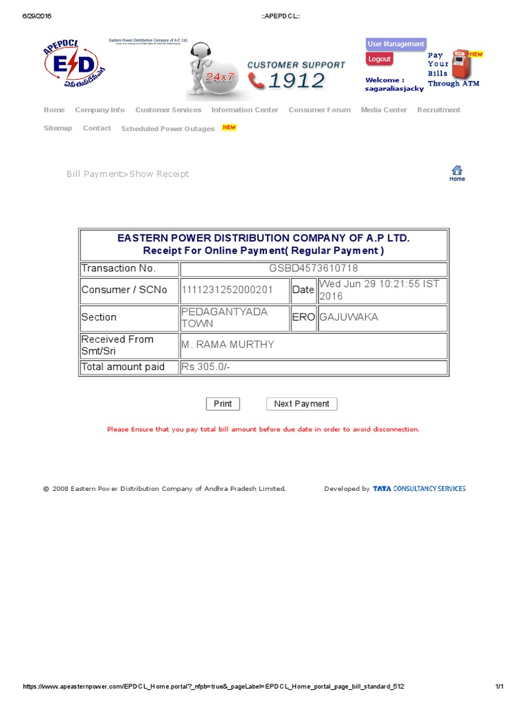 Eastern Power Distribution Company of A.P Ltd. Receipt For Online ...