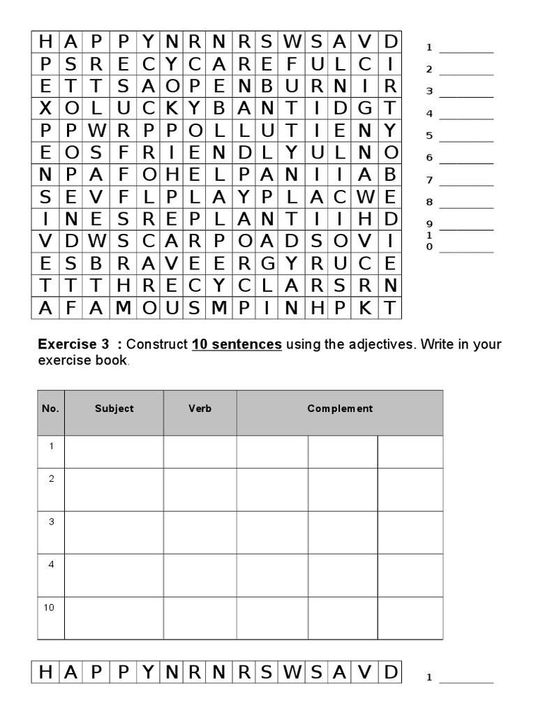 Exercise 3: Construct 10 Sentences Using The Adjectives. Write in Your ...