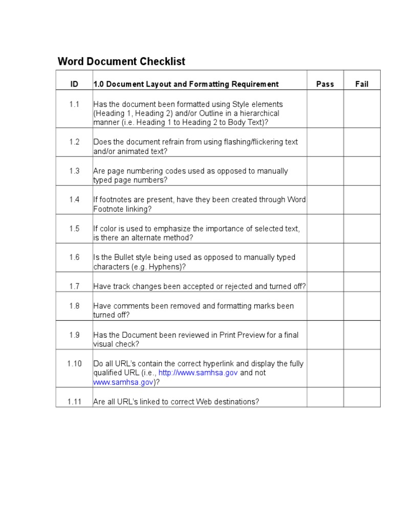 Word Document Checklist: ID 1.0 Document Layout and Formatting ...