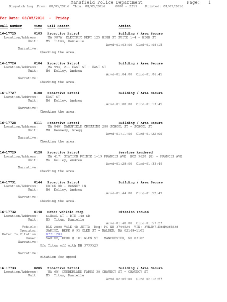 Police Log August 5, 2016 | PDF | Vehicles | Transport