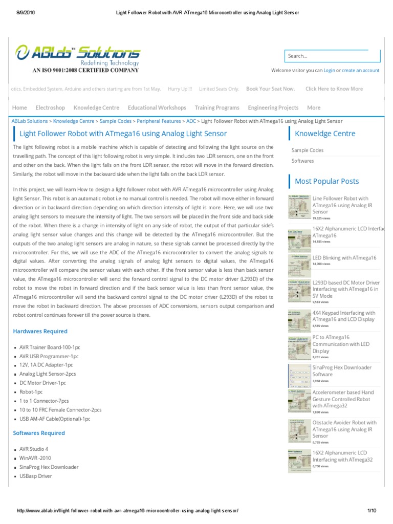 Light Follower Robot With AVR ATmega16 Microcontroller Using Analog Light Sensor | PDF | Analog ...