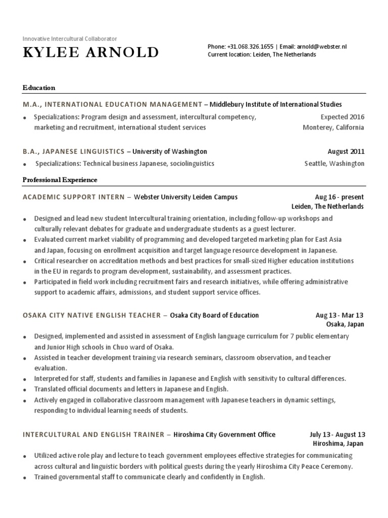 Kylee Arnold 2016 Resume | PDF | Cross Cultural Communication | Educational Assessment