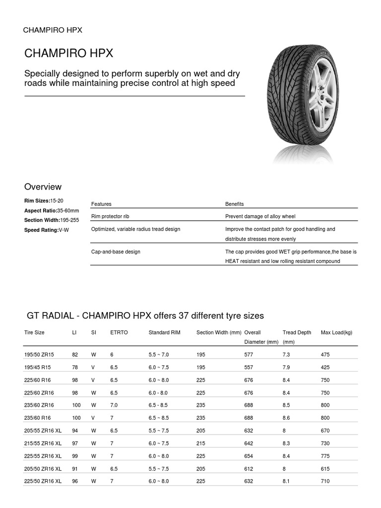 CHAMPIRO HPX Tire Specifications and Features | PDF | Business | Home ...