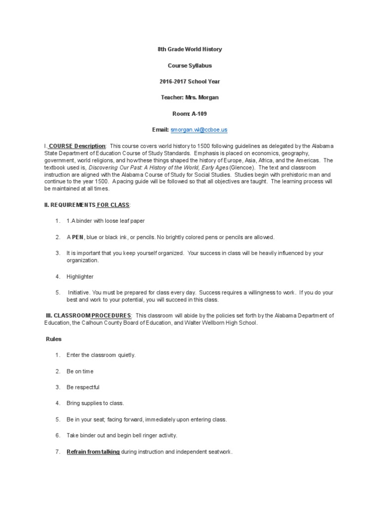 8th Grade World History Syllabus | PDF | Homework | Test (Assessment)