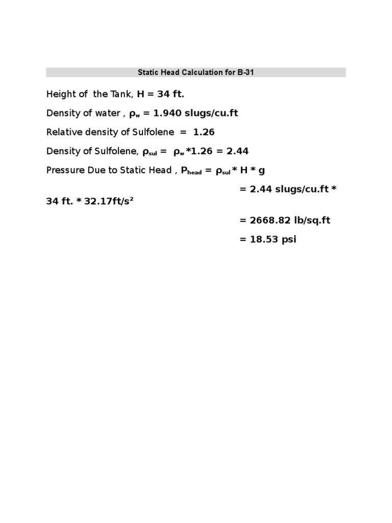 Static Head Calculation For B-31 | PDF