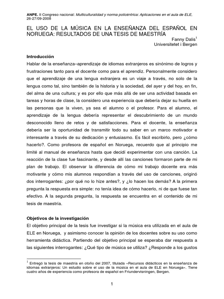 Música en la Enseñanza de ELE en Noruega | PDF | Maestros | Educación ...