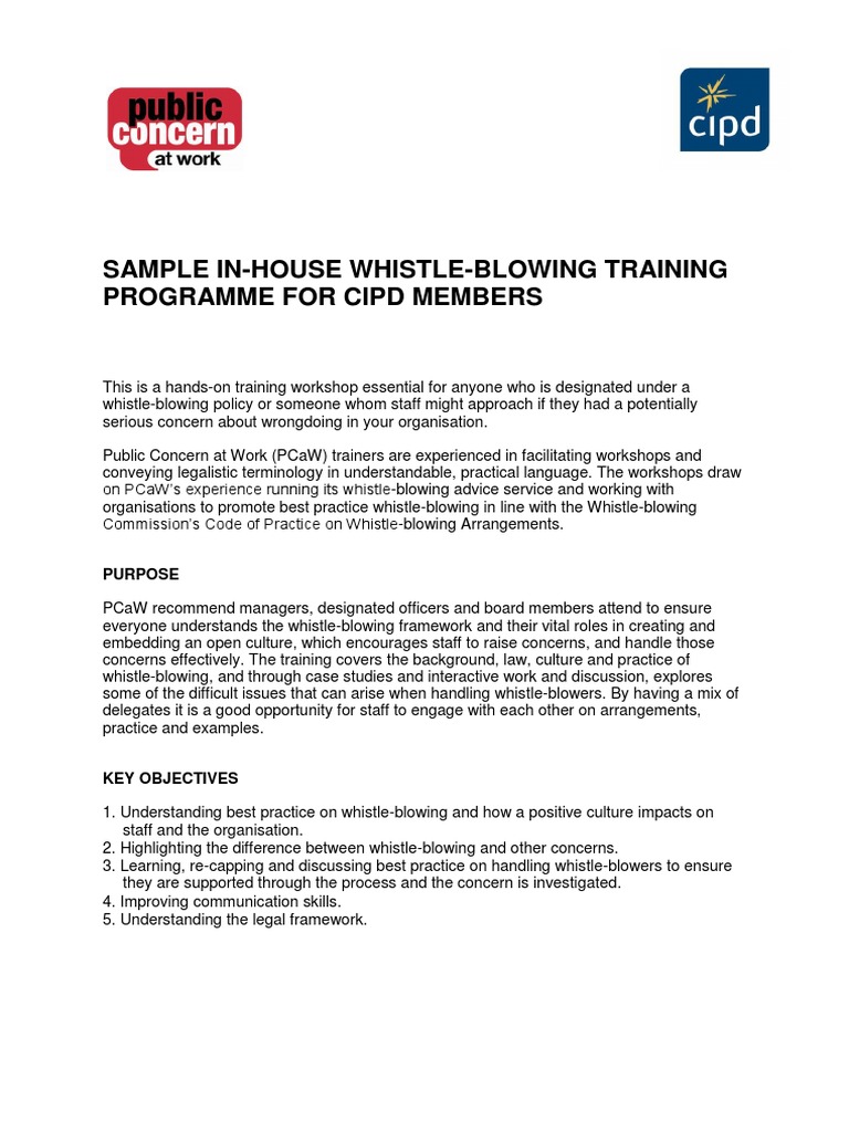 Sample in House Whistle Blowing Training Programme For Cipd Members ...