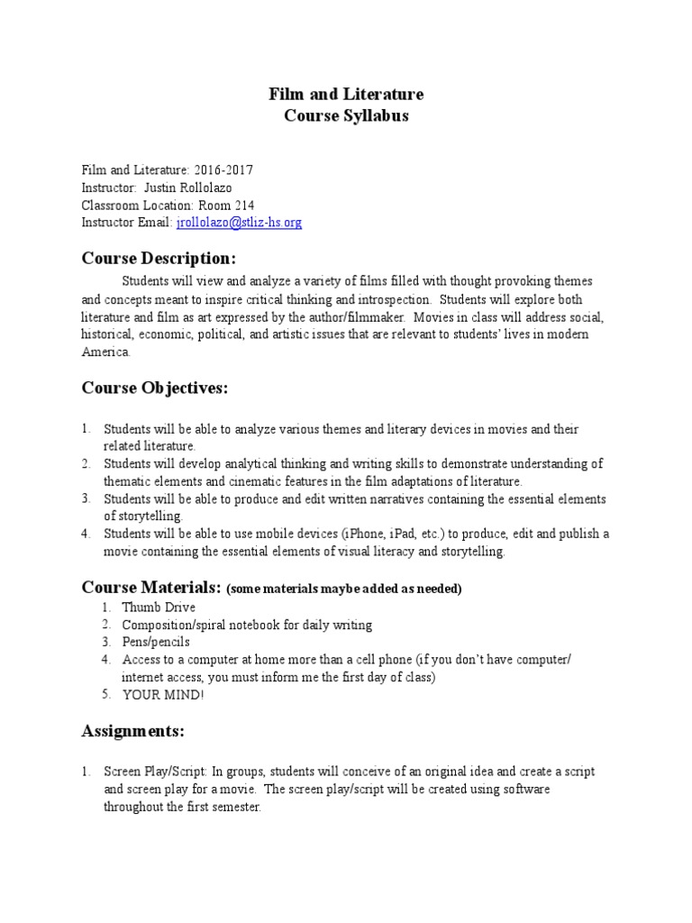 Film and Literature Course Syllabus | PDF | Storytelling | Screenplay