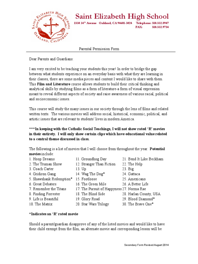 High School Movie Permission Slip | PDF | Parent | Relationships