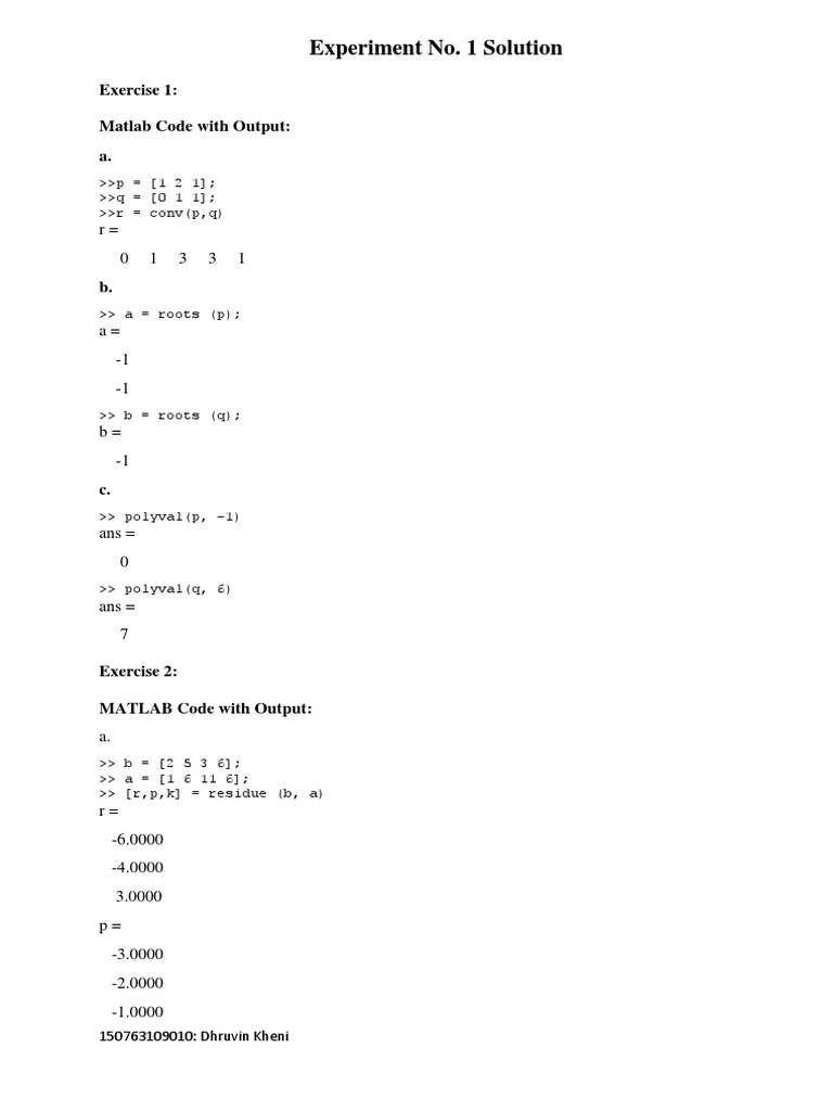 Experiment No. 1 Solution: Exercise 1: Matlab Code With Output: A | PDF