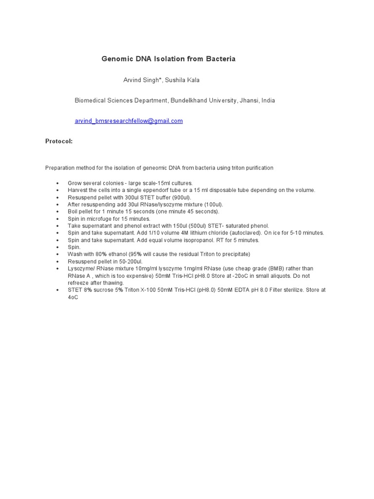 Genomic DNA Isolation From Bacteria | PDF | Chemistry | Biology