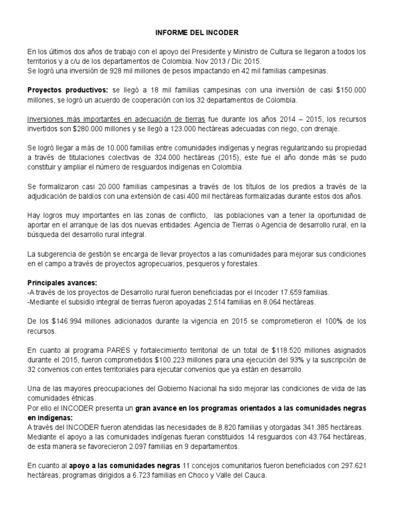 Informe Incoder | PDF | Colombia | Gobierno