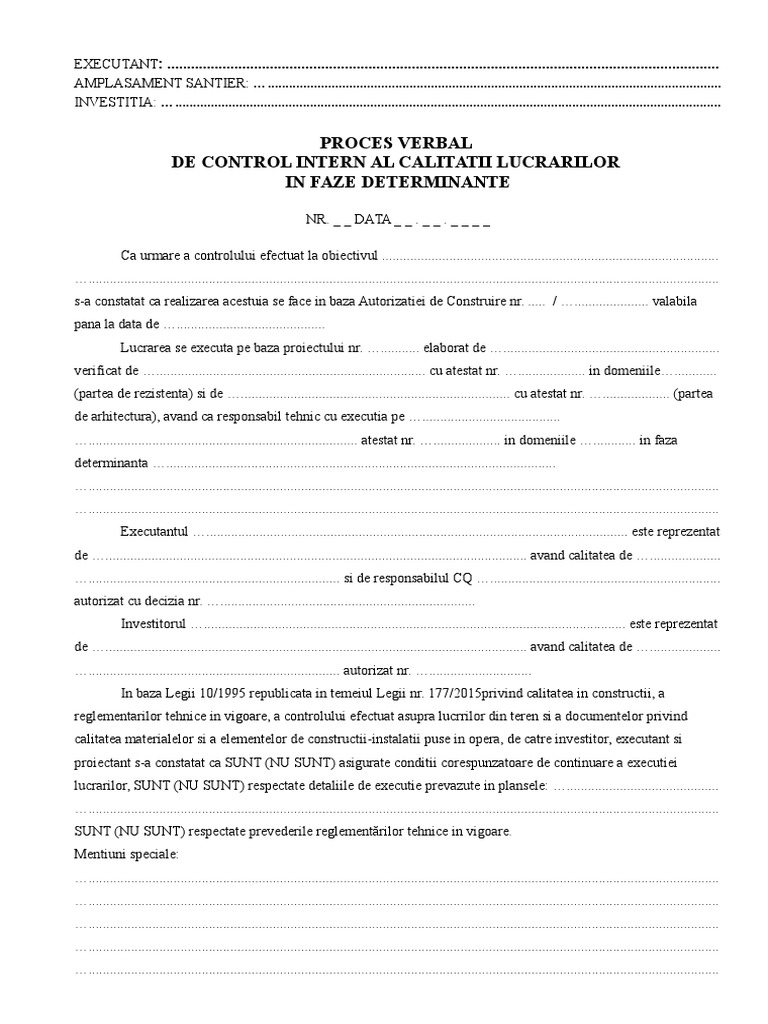 Proces Verbal de Control Intern in Faze Determinante - Model | PDF