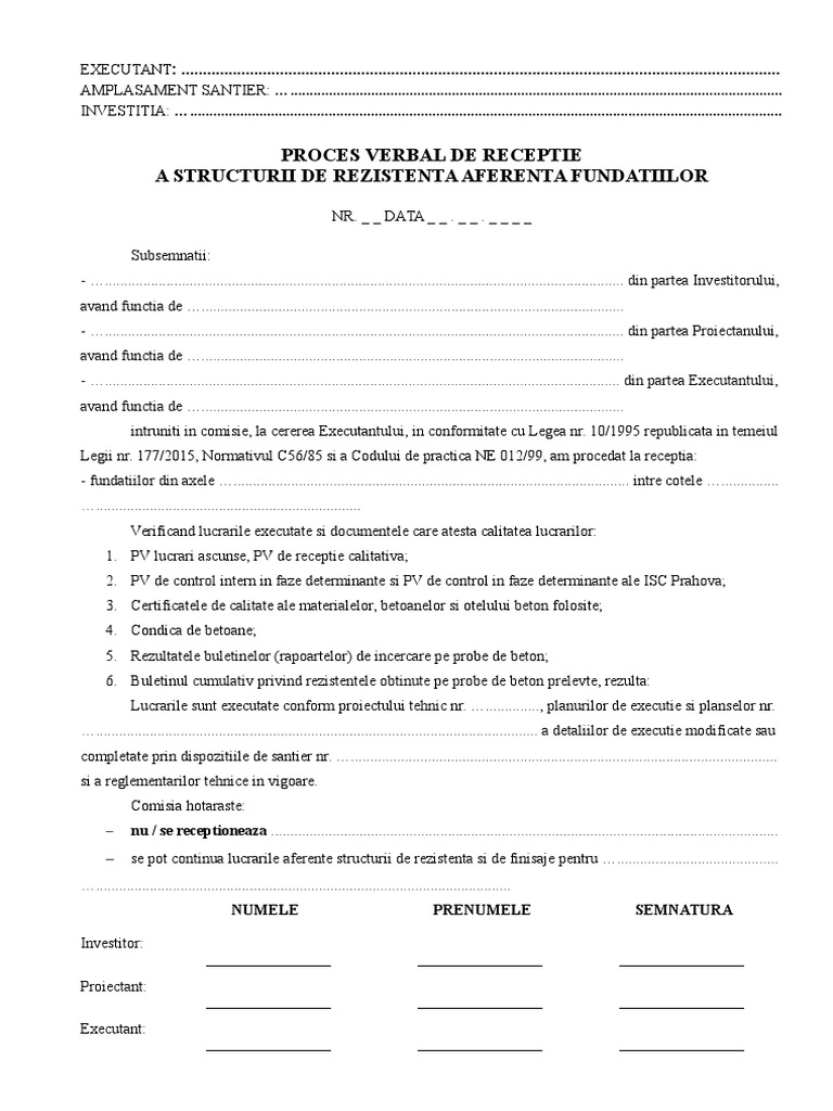 Proces Verbal de Receptie A Fundatiilor - Model | PDF
