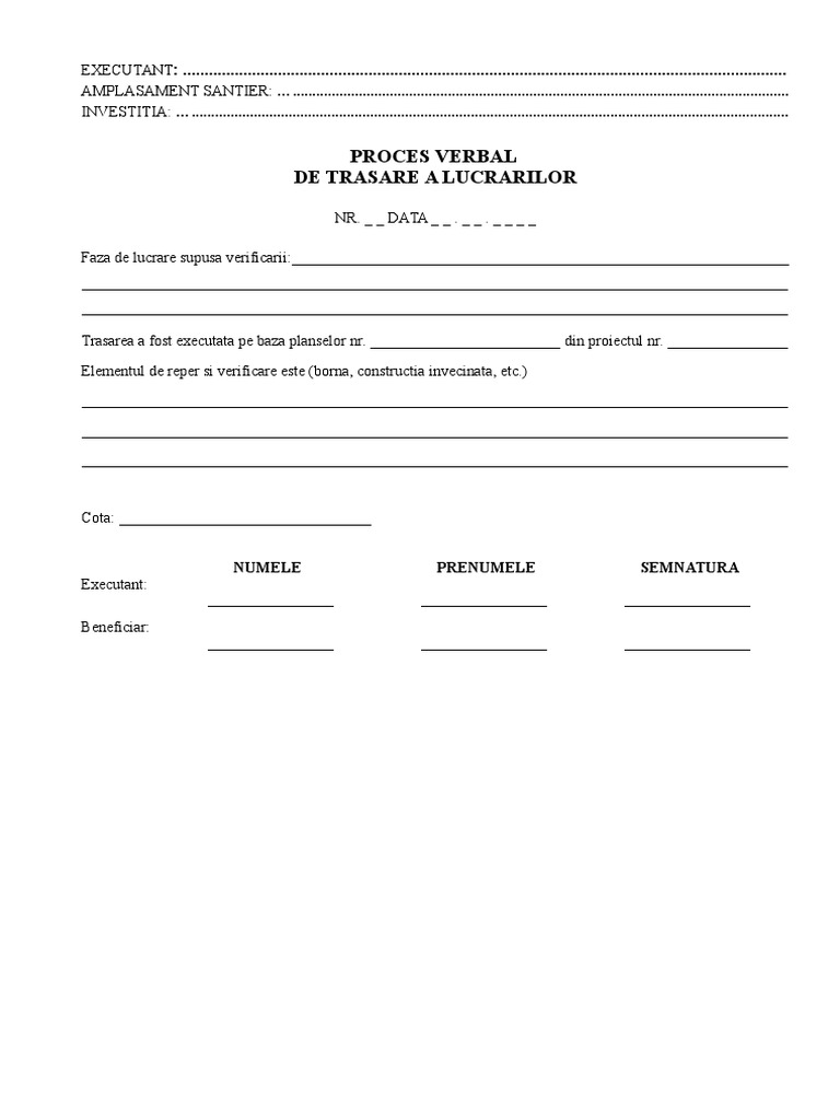 Proces Verbal de Trasare A Lucrarilor - Model | PDF