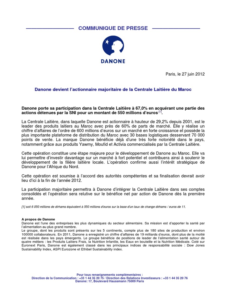 Danone Devient L Actionnaire Majoritaire de La Centrale Laitiere Du ...