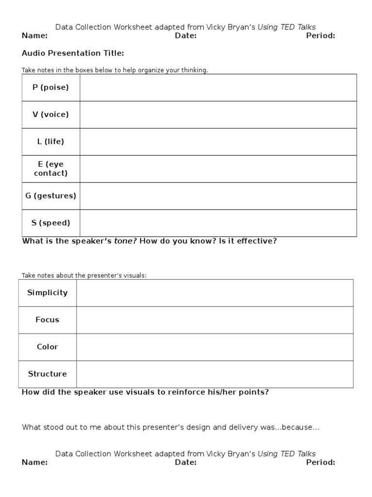 TED Talk Presentation Analysis Worksheet | PDF
