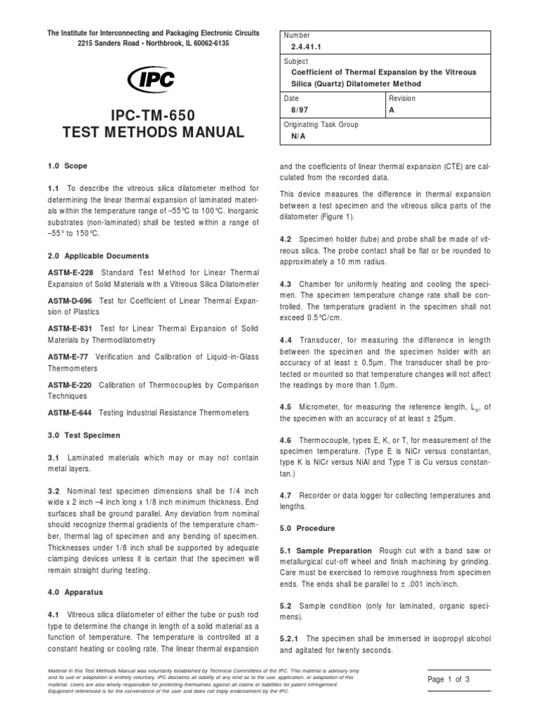 IPC TM 650 TEST METHODS MANUAL | Thermal Expansion | Calibration
