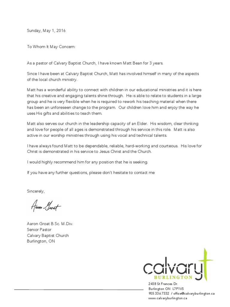 Reference Letter - Pastoral - Aaron Groat | PDF | Wellness