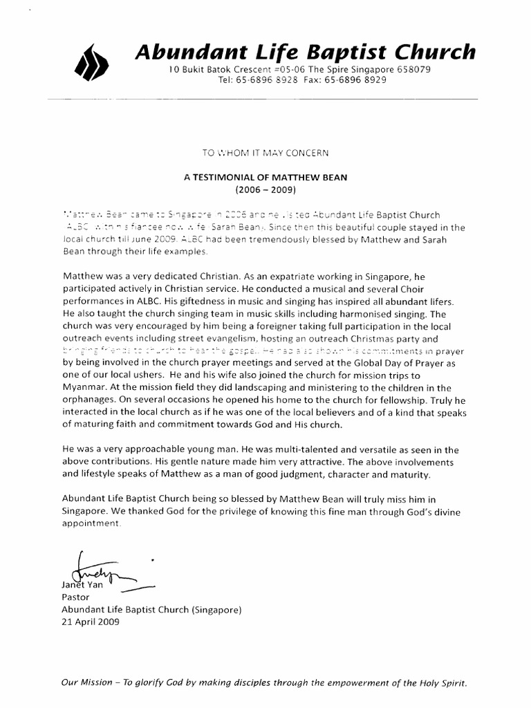 Reference Letter - Pastoral - Janet Yan | PDF