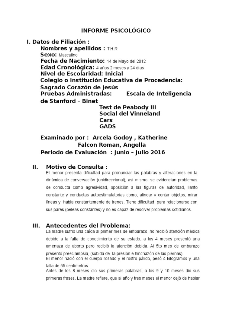 INFORME PSICOLÓGICO - MODELO.docx | Autismo | Psicología