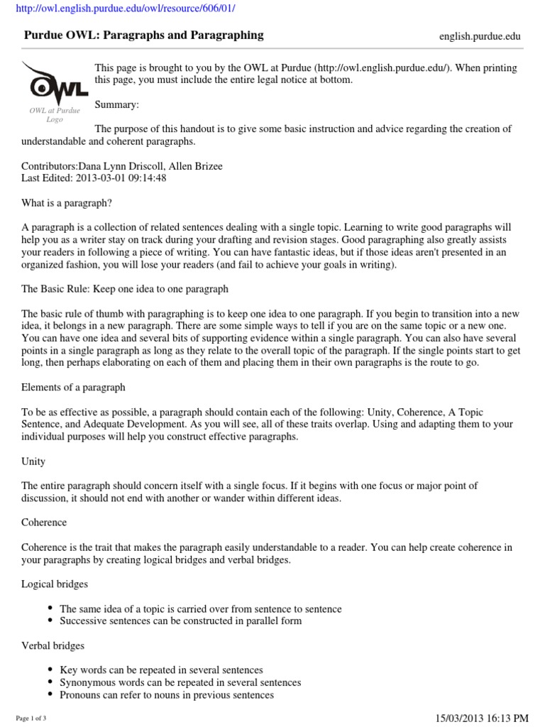 Purdue OWL Paragraphs and Paragraphing | PDF | Paragraph | Sentence ...