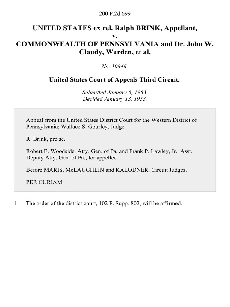 United States Ex Rel. Ralph Brink v. Commonwealth of Pennsylvania and ...