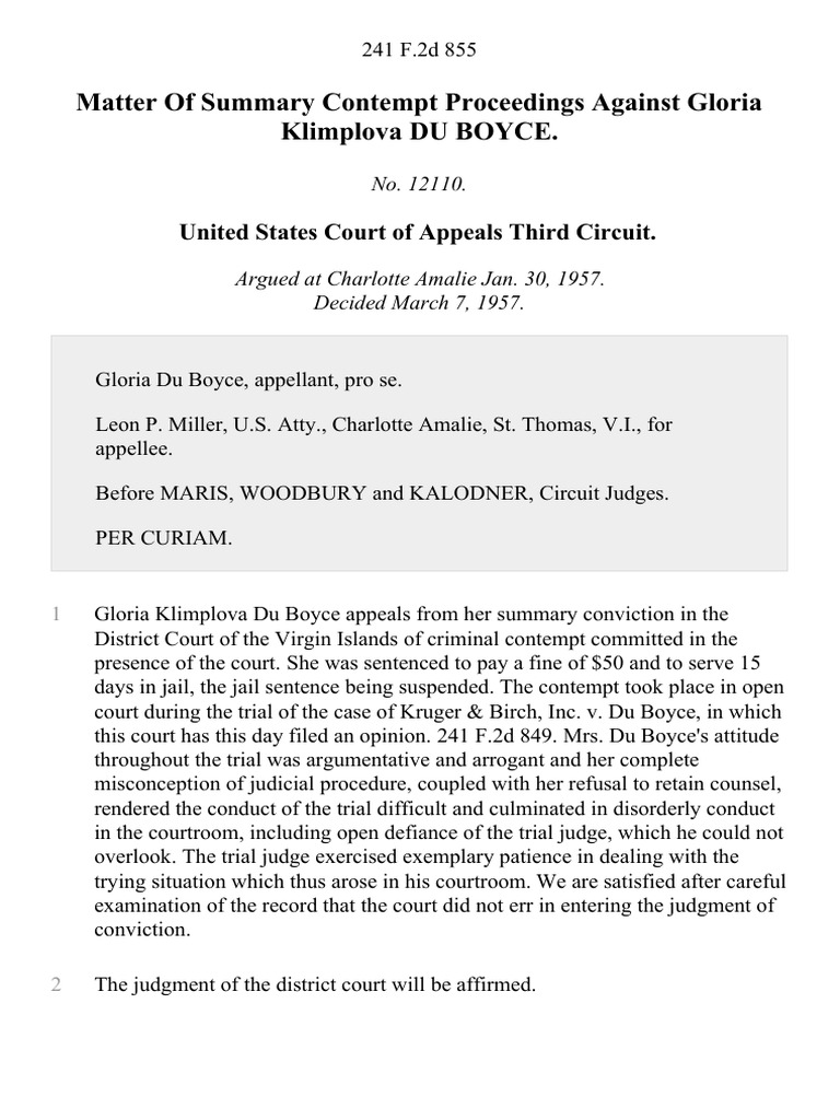 Matter of Summary Contempt Proceedings Against Gloria Klimplova Du Boyce, 241 F.2d 855, 3rd Cir ...