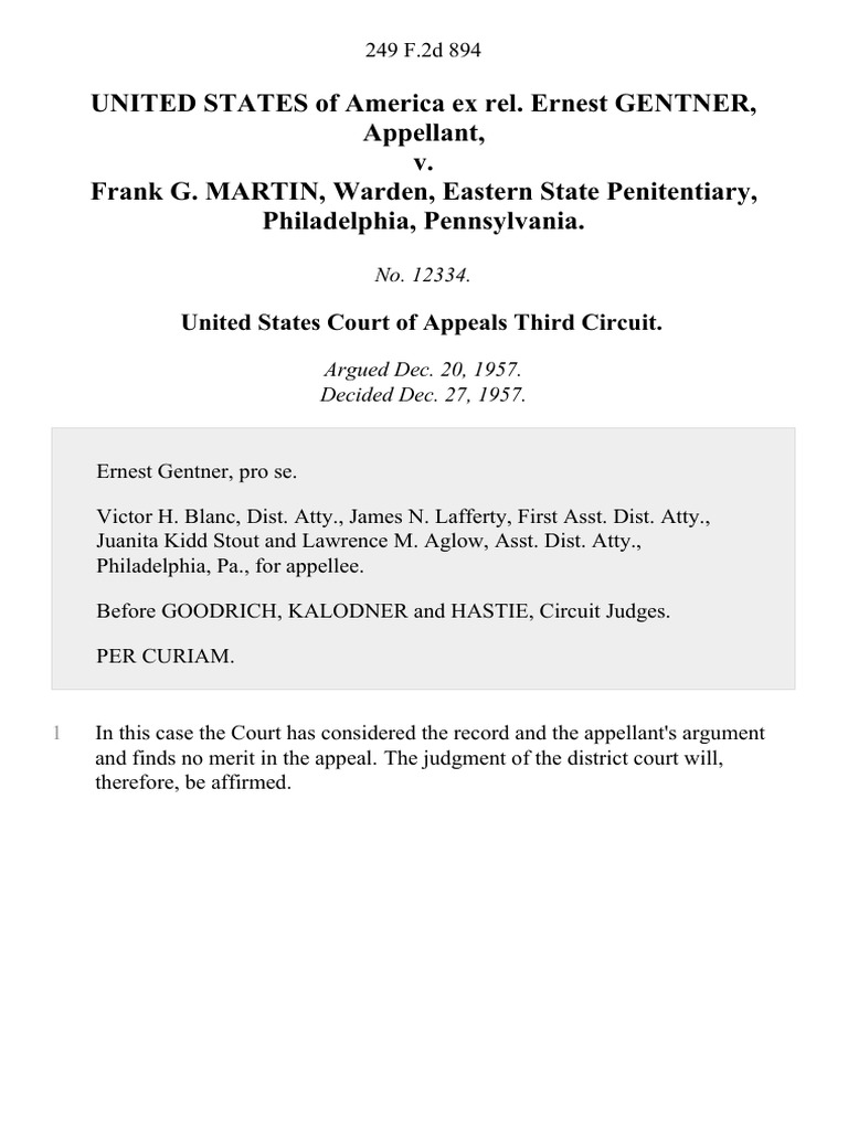 UNITED STATES of America Ex Rel. Ernest GENTNER, Appellant, v. Frank G ...