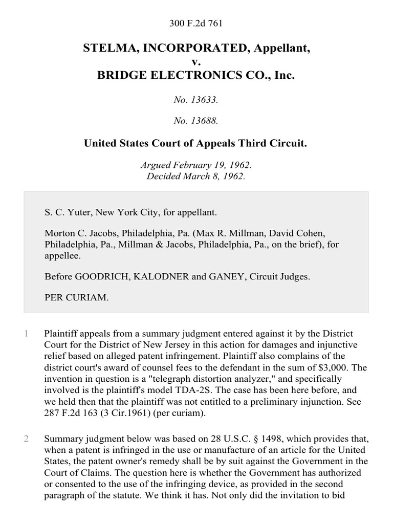 Stelma, Incorporated v. Bridge Electronics Co., Inc, 300 F.2d 761, 3rd ...