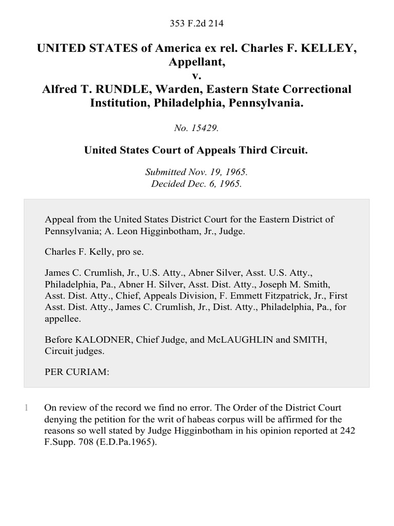 United States of America Ex Rel. Charles F. Kelley v. Alfred T. Rundle ...