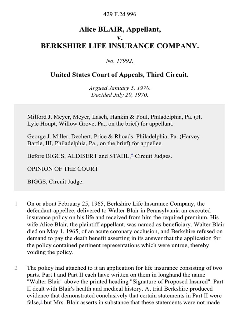 Alice Blair v. Berkshire Life Insurance Company, 429 F.2d 996, 3rd Cir ...