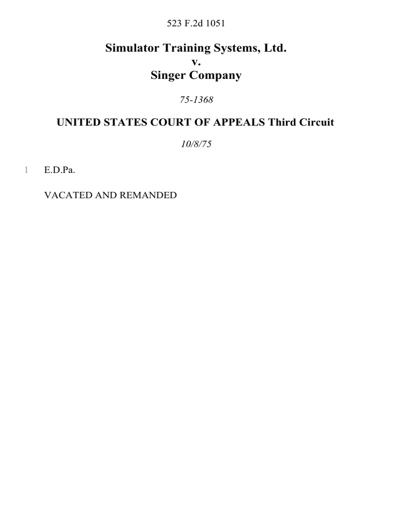 Simulator Training Systems, Ltd. v. Singer Company, 523 F.2d 1051, 3rd ...