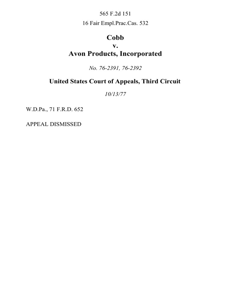 Cobb v. Avon Products, Incorporated, 565 F.2d 151, 3rd Cir. (1977 ...