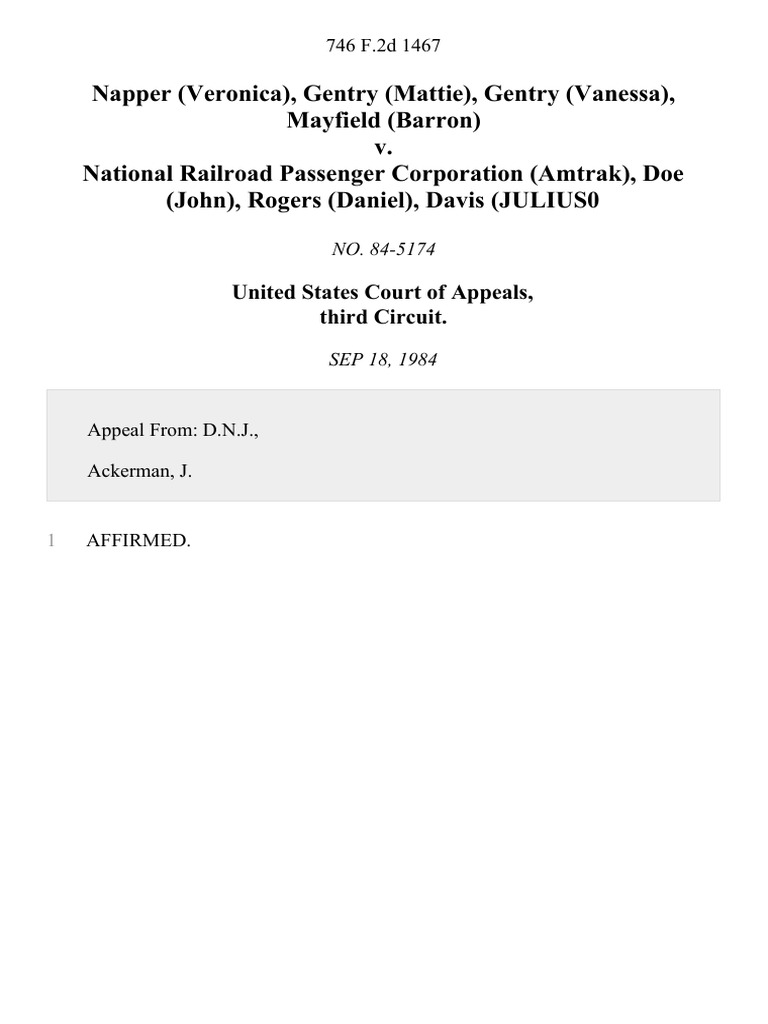 Napper (Veronica), Gentry (Mattie), Gentry (Vanessa), Mayfield (Barron) v. National Railroad ...