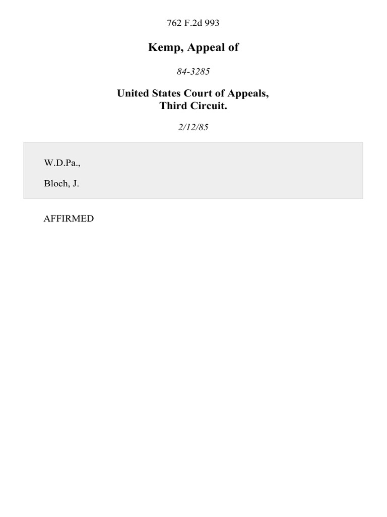 Kemp, Appeal Of, 762 F.2d 993, 3rd Cir. (1985) | PDF