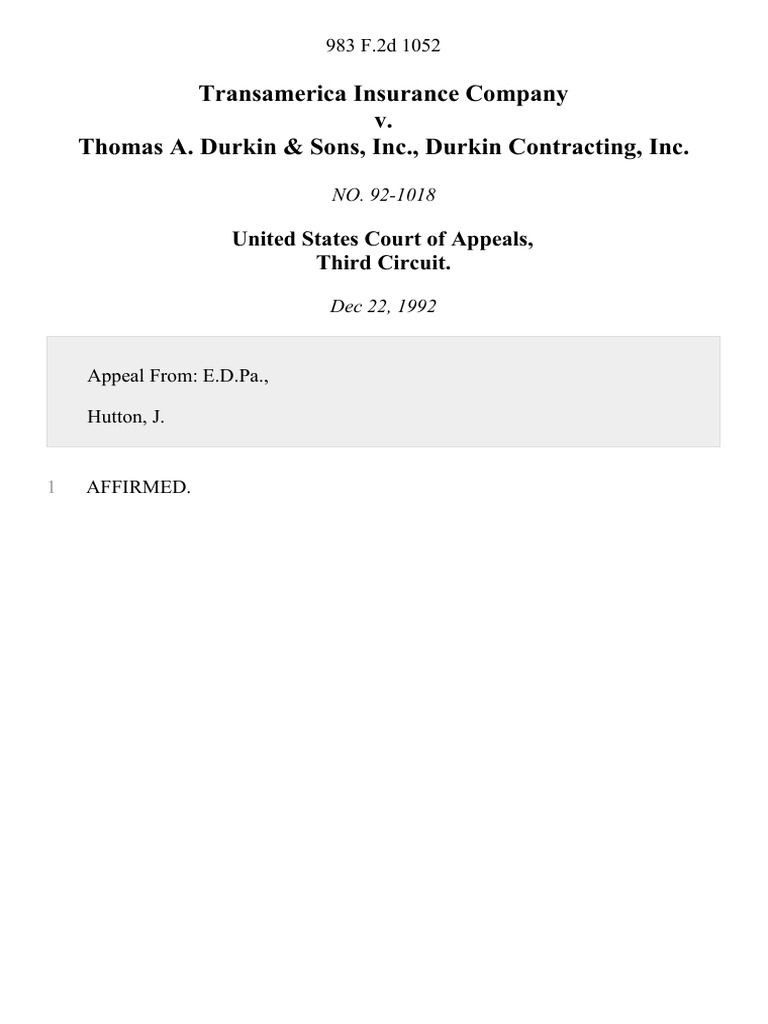 Transamerica Insurance Company v. Thomas A. Durkin & Sons, Inc., Durkin ...