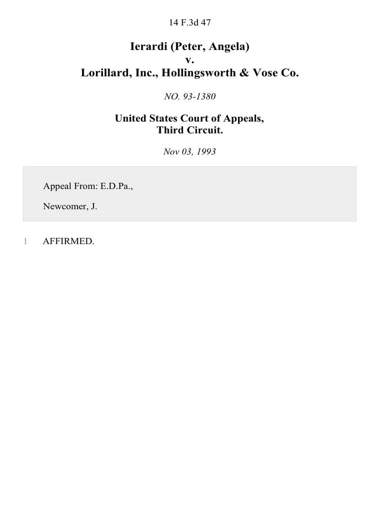 Ierardi (Peter, Angela) v. Lorillard, Inc., Hollingsworth & Vose Co, 14 ...