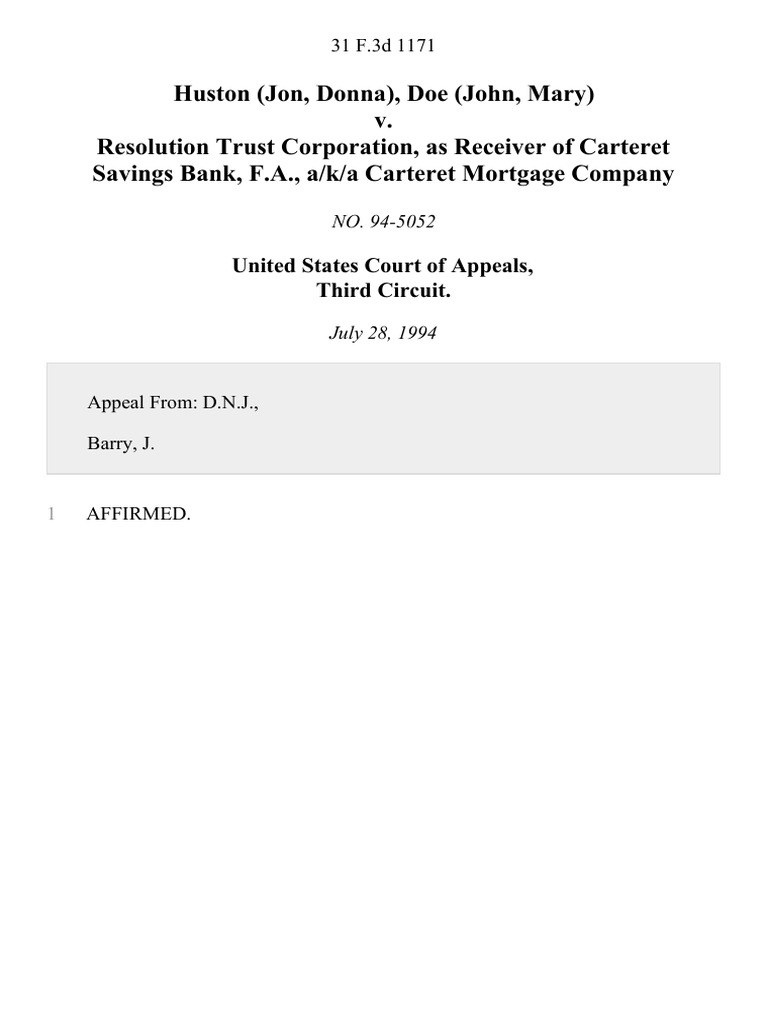 Huston (Jon, Donna), Doe (John, Mary) v. Resolution Trust Corporation ...