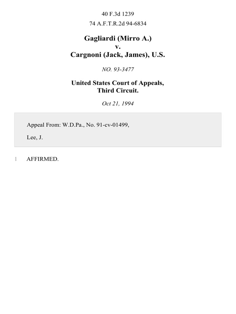 Gagliardi (Mirro A.) v. Cargnoni (Jack, James), U.S, 40 F.3d 1239, 3rd ...