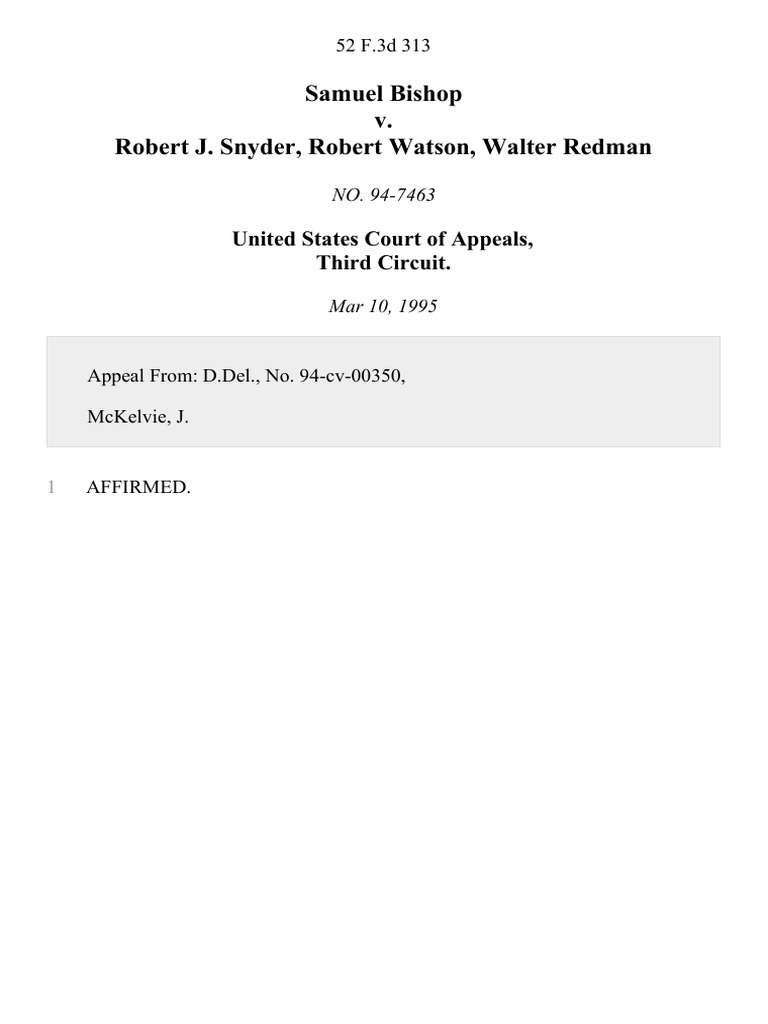 Samuel Bishop v. Robert J. Snyder, Robert Watson, Walter Redman, 52 F ...