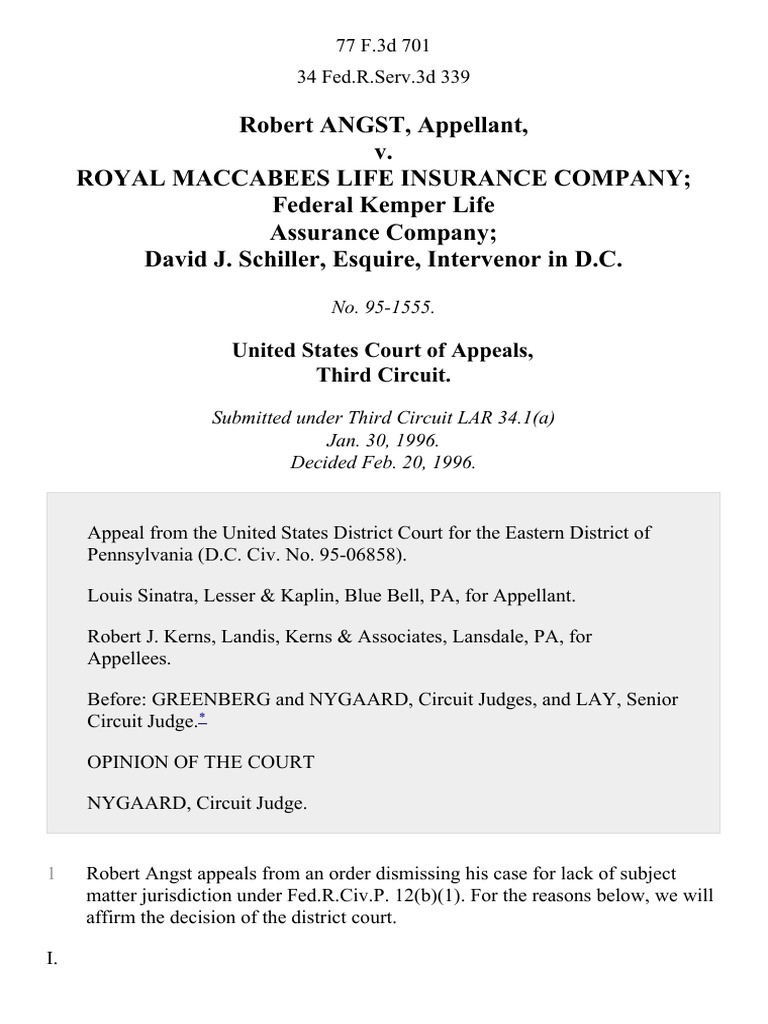 Robert Angst v. Royal MacCabees Life Insurance Company Federal Kemper ...