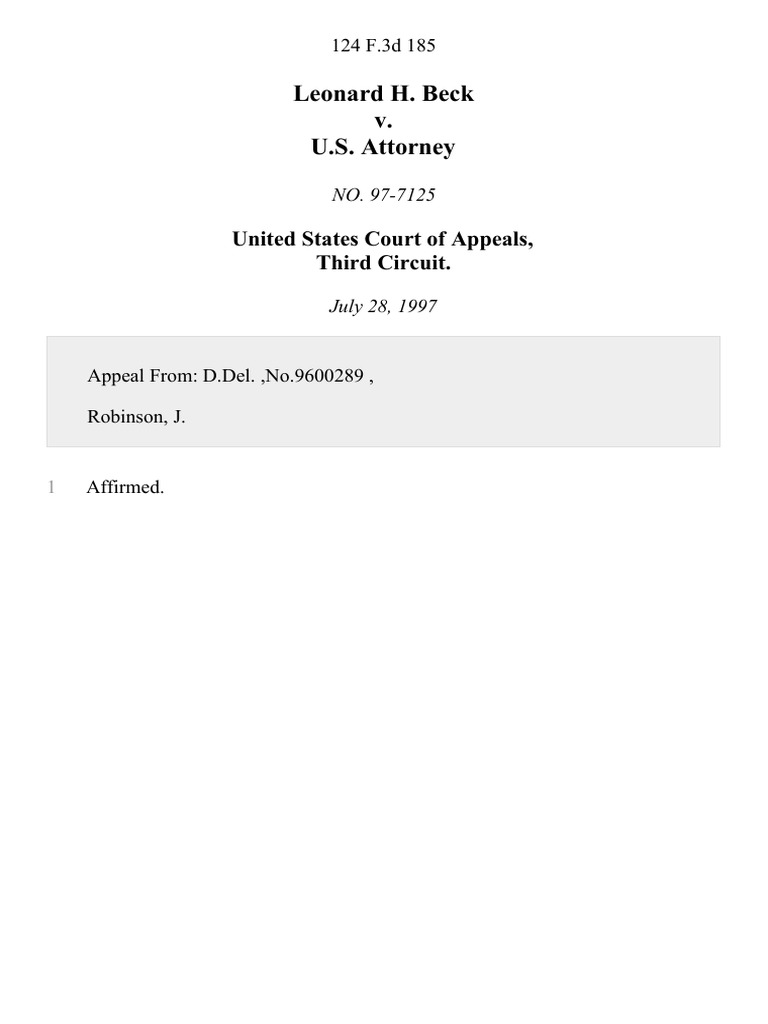 Leonard H. Beck v. U.S. Attorney, 124 F.3d 185, 3rd Cir. (1997) | PDF | Law