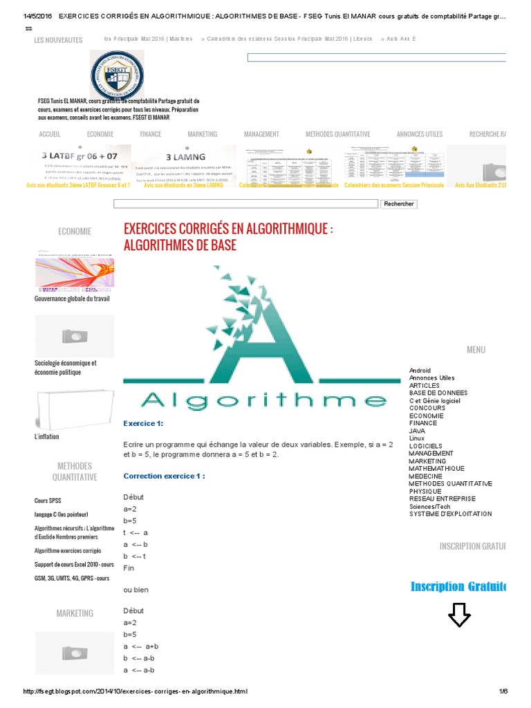 EXERCICES CORRIGÉS EN ALGORITHMIQUE - ALGORITHMES DE BASE - FSEG Tunis El MANAR Cours Gratuits ...