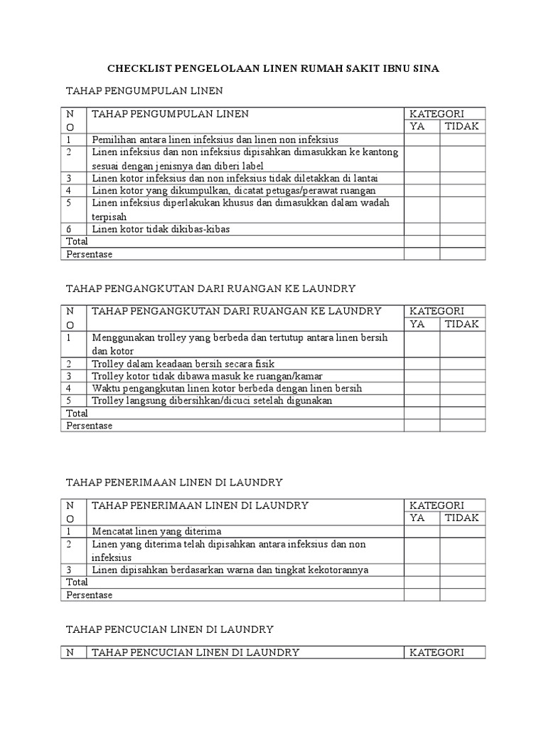 Checklist Pengelolaan Linen | PDF